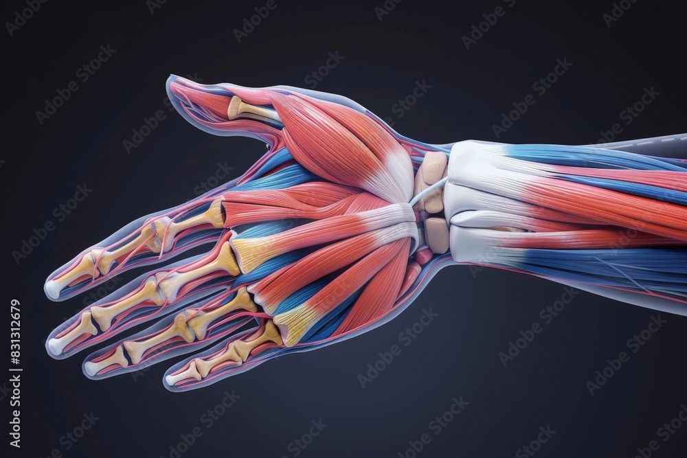 An educational 3D illustration of the human hand and wrist anatomy ...