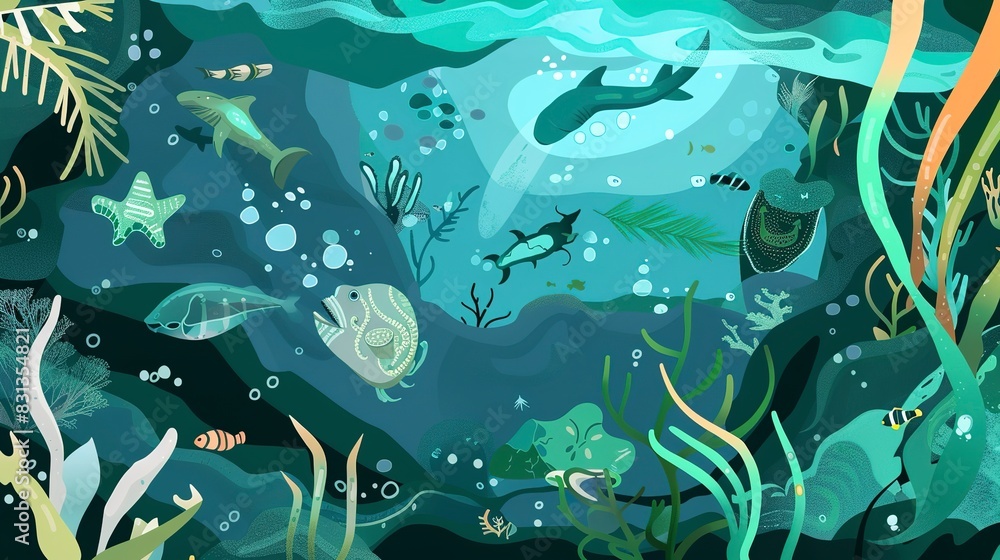 Enchanted marine ecosystem flat design top view, eco-fantasy, animation ...