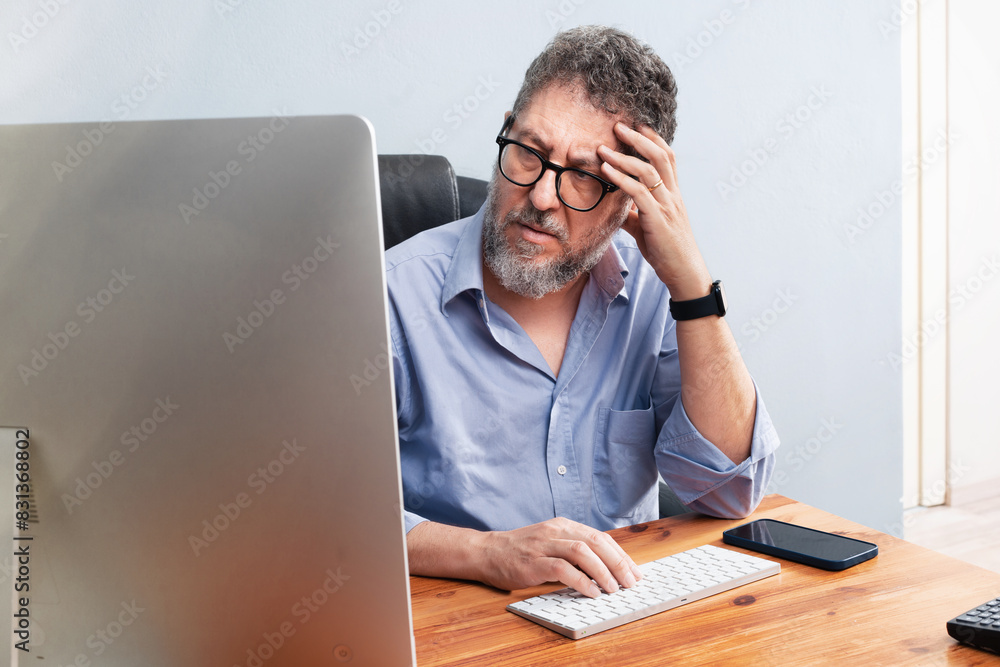 Professional businessman looking stressed while working at a computer ...