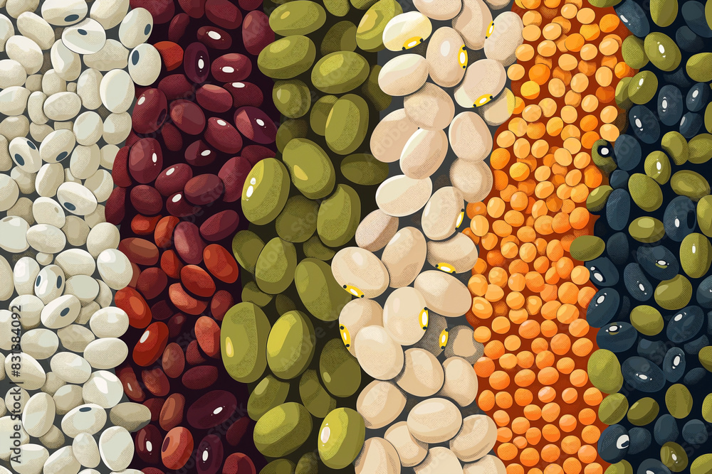 Flat art featuring various types of beans. The scene is depicted in a ...