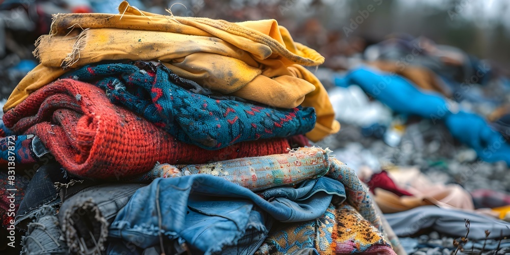 Pile of discarded clothes in landfill highlighting environmental impact of fast fashion and need ...