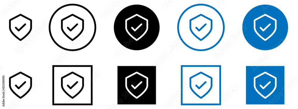 Shield check mark icon set. Security shield protection symbol with tick ...