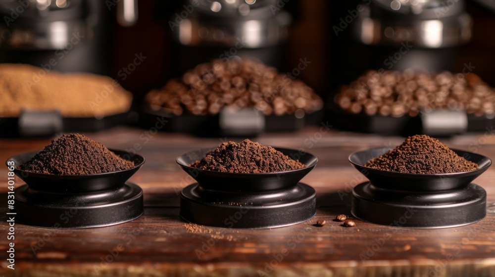 Three piles of finely ground coffee are showcased on small plates, with ...