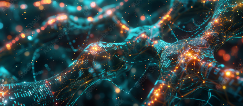 A futuristic digital landscape featuring an intricate web of glowing neural networks ...
