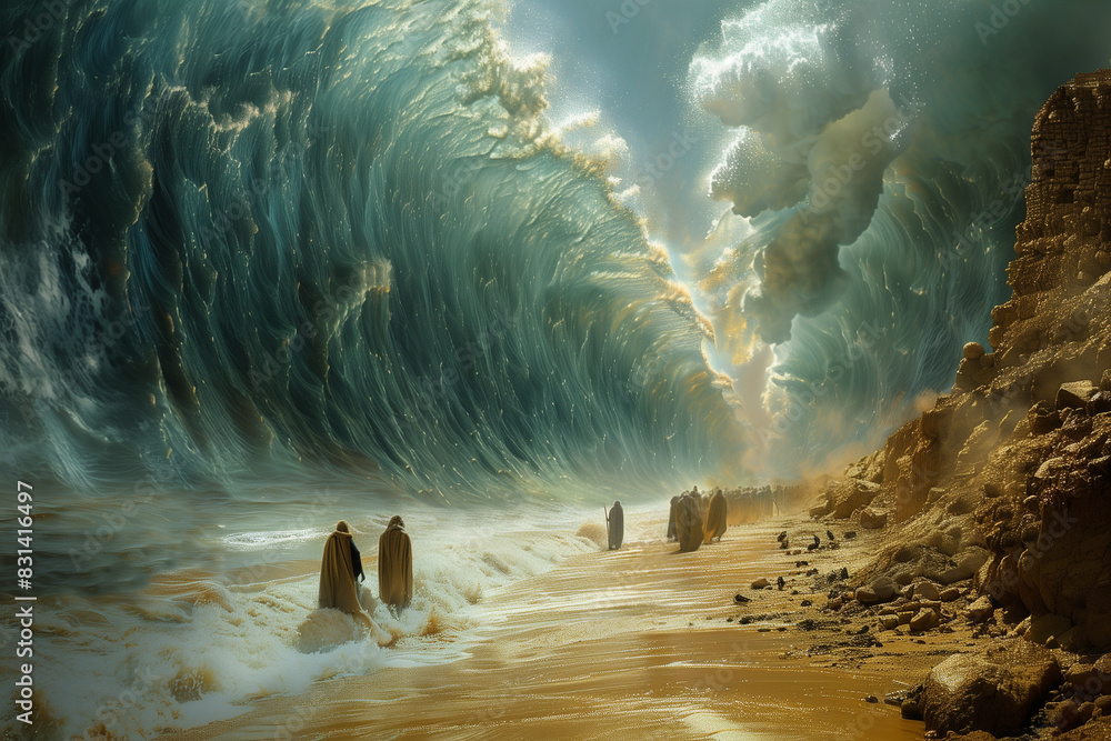 Ilustração Dramatic Scene of Moses Parting the Red Sea with Followers ...