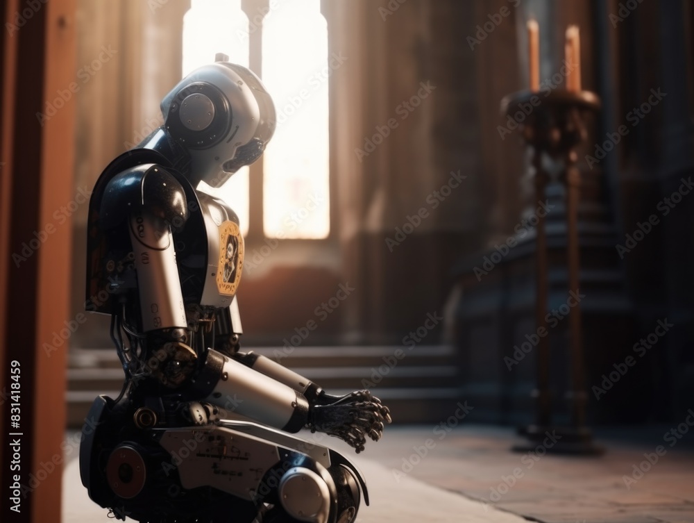 A robot prays in a church. Religion in technology. A robot has a soul ...