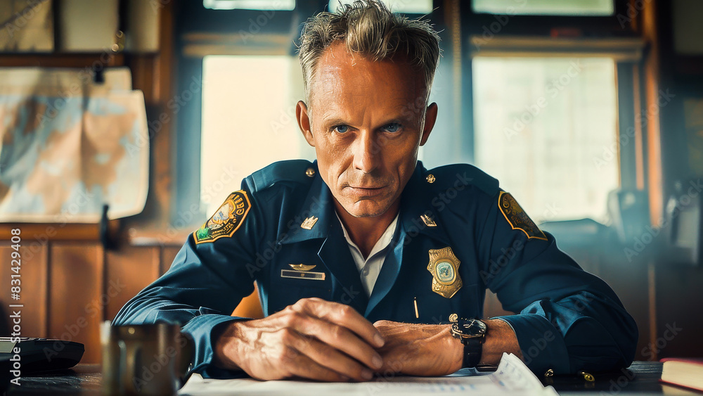 A police officer in uniform appears serious and stern, sitting at a ...