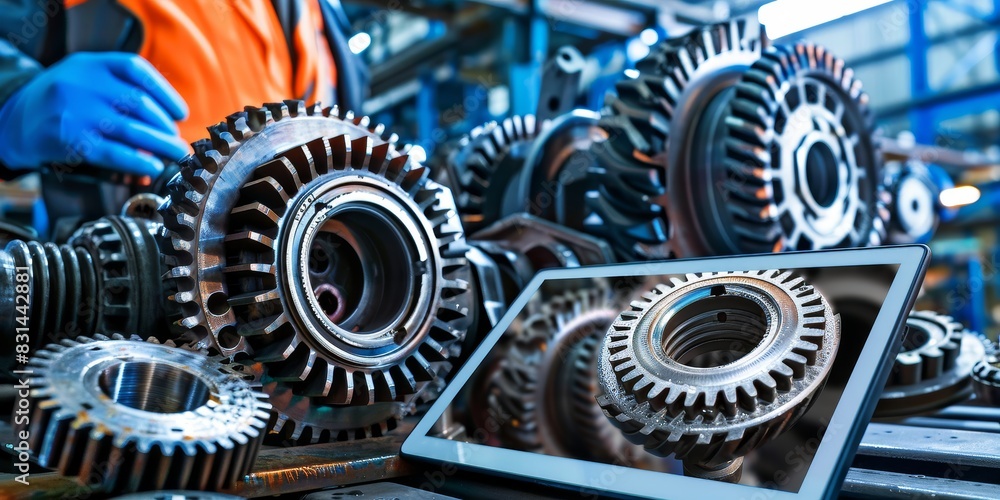 Industrial digitalization with tablet displaying machine blueprints ...