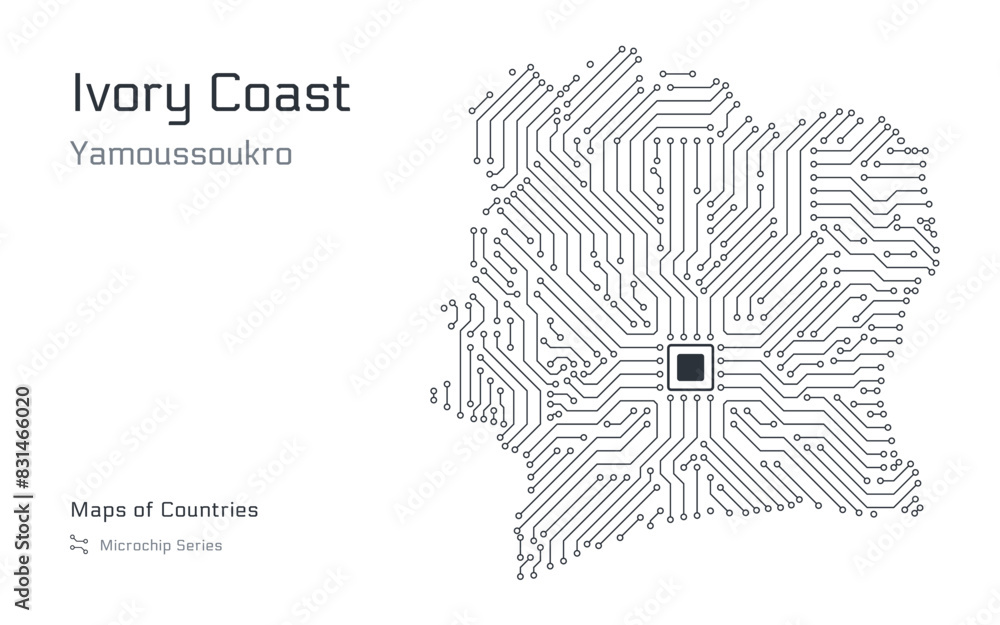 Ivory Coast Map with a capital of Yamoussoukro Shown in a Microchip ...