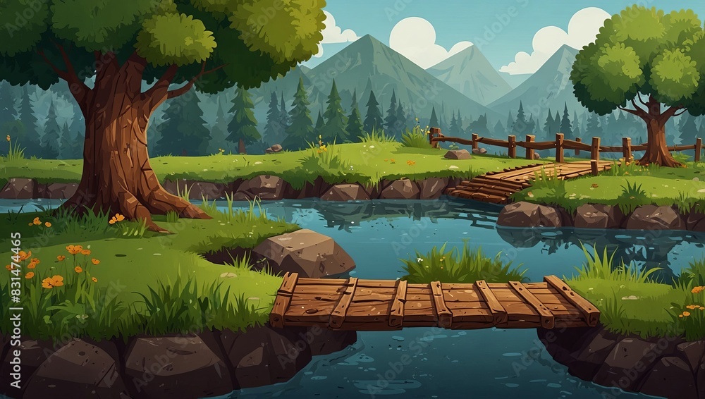 2D game scene with grassy terrain and wooden bridges for platformers ...