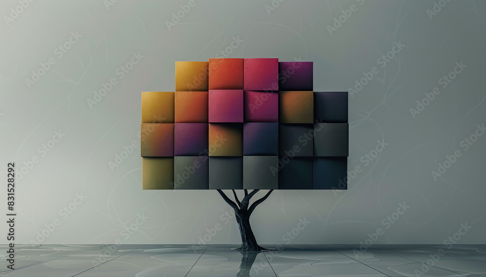 A tall tree is positioned directly in front of a solid wall, creating a ...