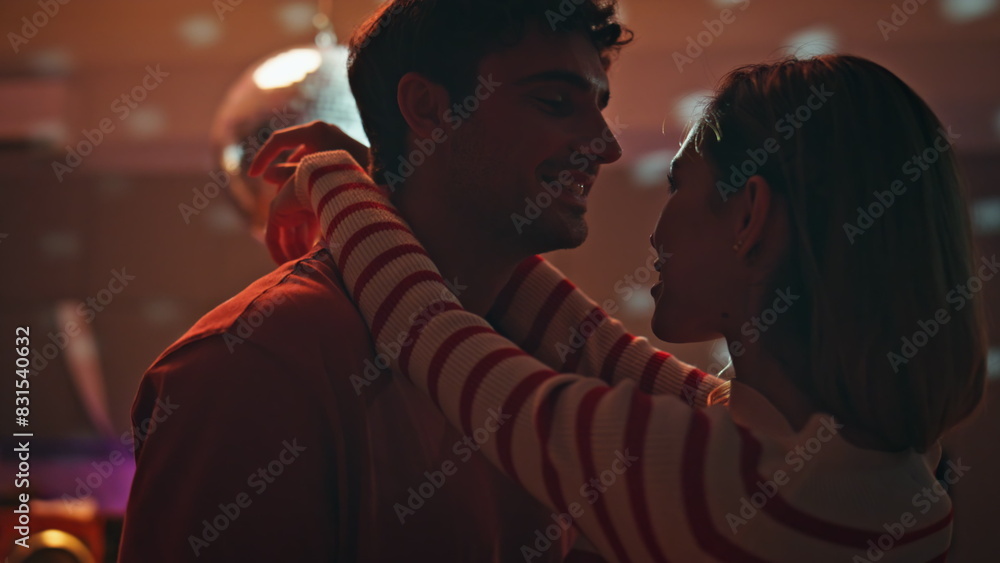 Romantic couple dancing disco ball closeup. Tender soulmates hugging ...