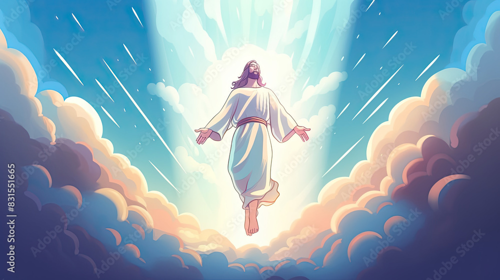 Biblical comic art of God in white with open arms in sky and clouds ...