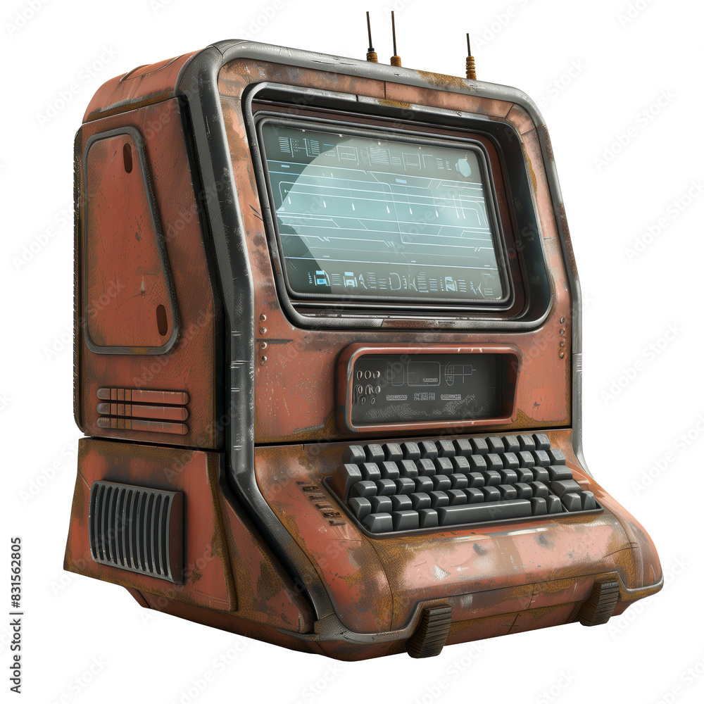 Retro futuristic computer terminal with a display screen showing data ...