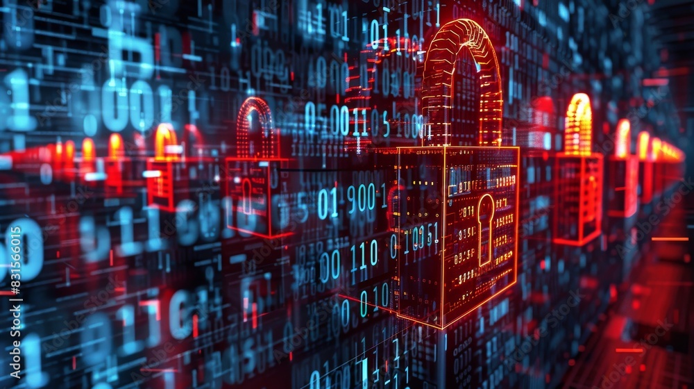 Cyber Security in Virtual Space, Padlock and Data Flow Icons on Grid ...