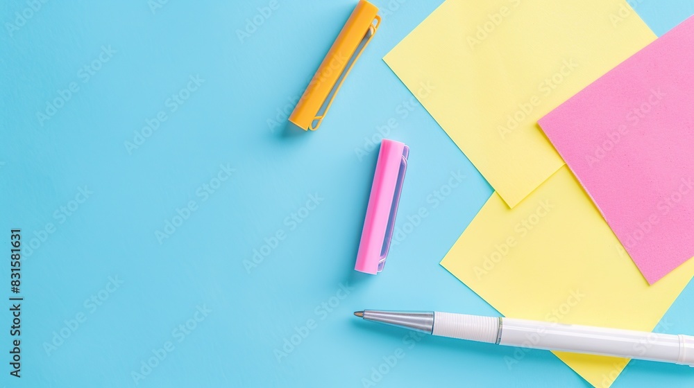 Bright yellow and pink sticky notes and white pen on light blue table ...