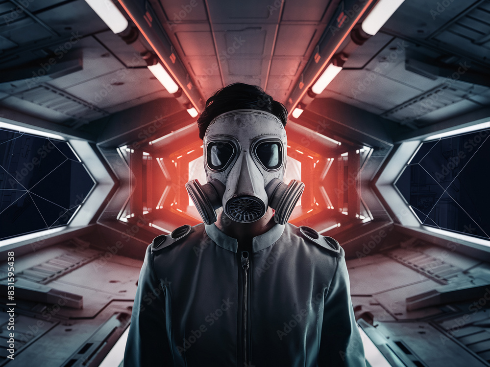 Person wearing a gas mask stands in a futuristic, dimly lit corridor ...