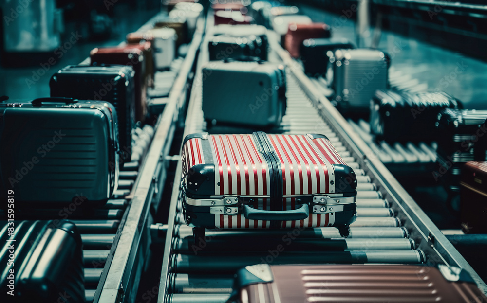 Airport baggage claim area: luggage on conveyor belt, various colors ...