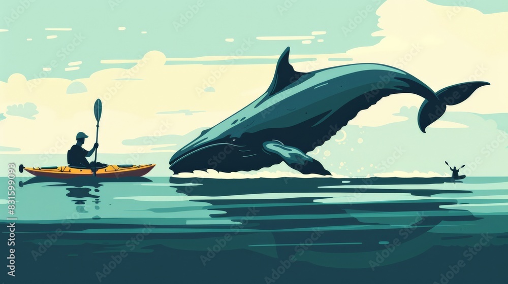 Visual of a whale surfacing near kayakers flat design side view gentle ...