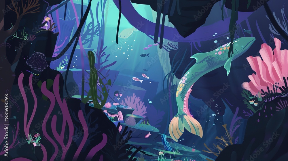 Mermaid's hidden grotto flat design side view, mythical creatures ...