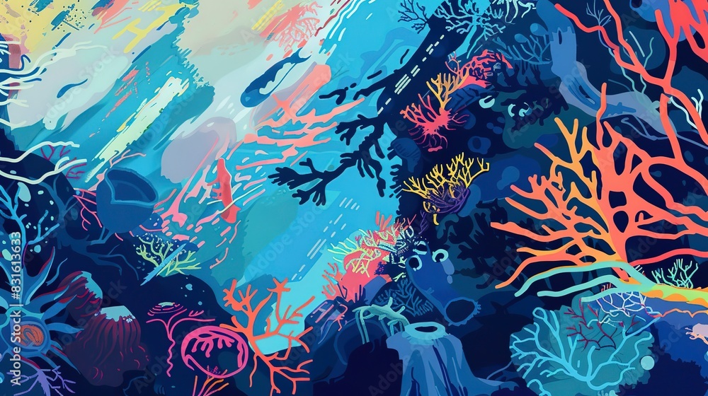 Bio-engineered coral reef flat design side view, futuristic oceans ...