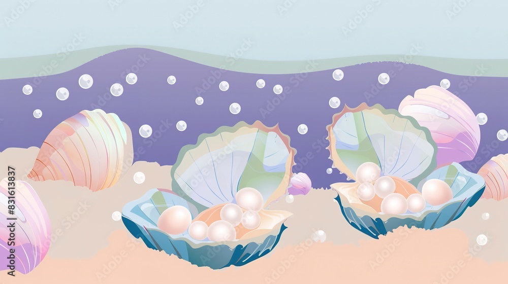 Magical pearls in clams flat design front view, magical realism ...