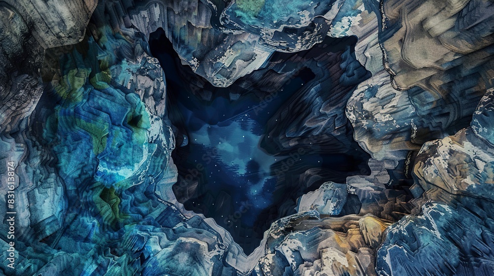 Dreamlike sea cave flat design top view, magical realism, water color ...