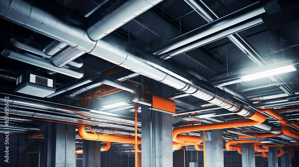 Industrial ceiling with exposed pipes and ductwork, bright orange ...