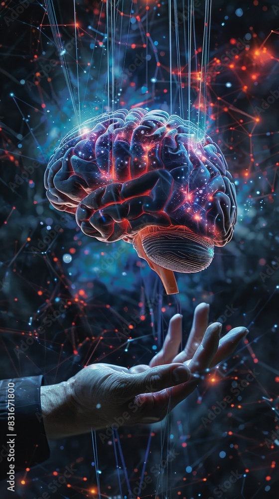 Artificial Intelligence brain, Glowing Neural Pathways and Luminous Fibers, Striking Silhouette ...