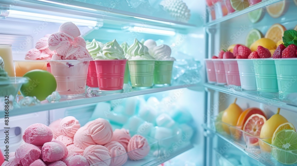 Front view of an open fridge with ice cream buckets on every shelf, ice ...