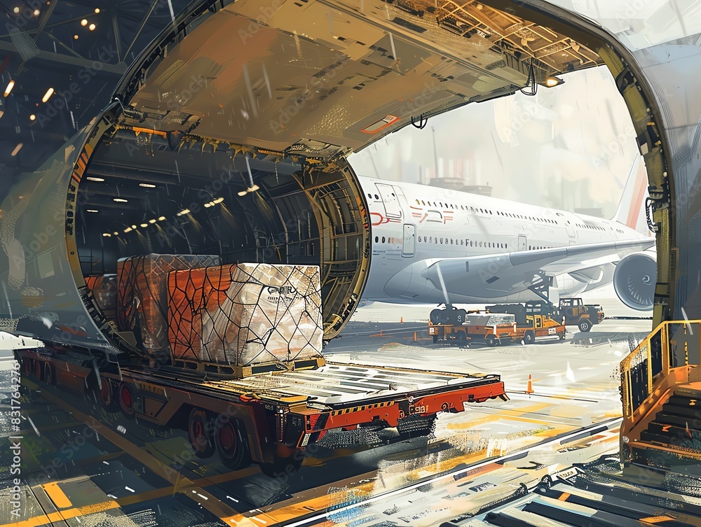 Cargo plane with open cargo bay, being loaded with freight, realistic ...