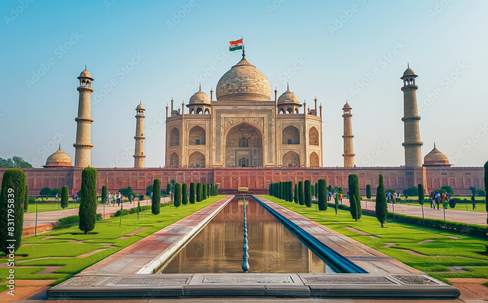 Iconic view of the Taj Mahal in Agra, India, with the Indian flag ...