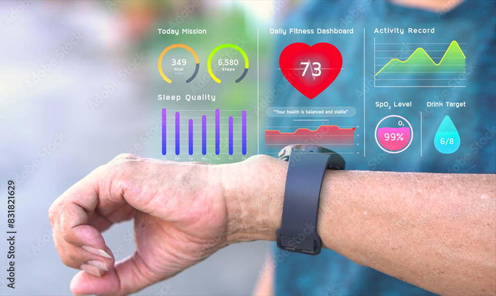 Senior man using AI smartwatch with futuristic hologram infographic ...