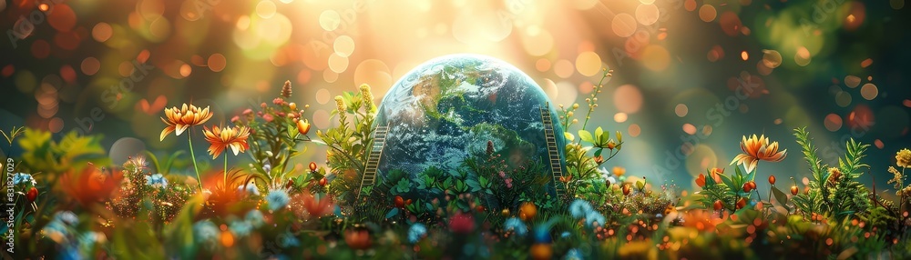 A happy Earth being tended to by tiny people with ladders and plants ...
