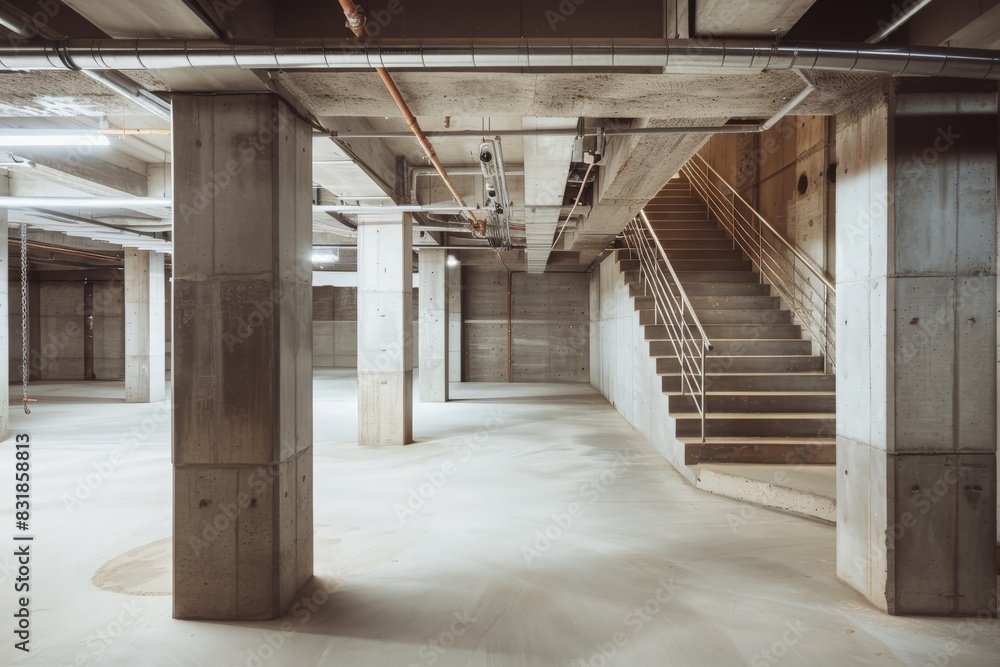 Empty basement of modern building with concrete columns and stairs with ...