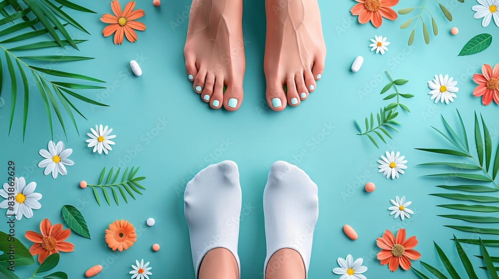 Illustrated top view of swollen feet, flat design, medical icons for ...