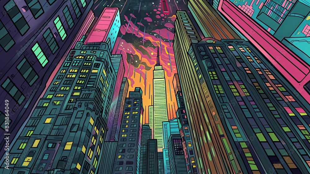 comic book style illustration of skyscrapers at night time with city ...