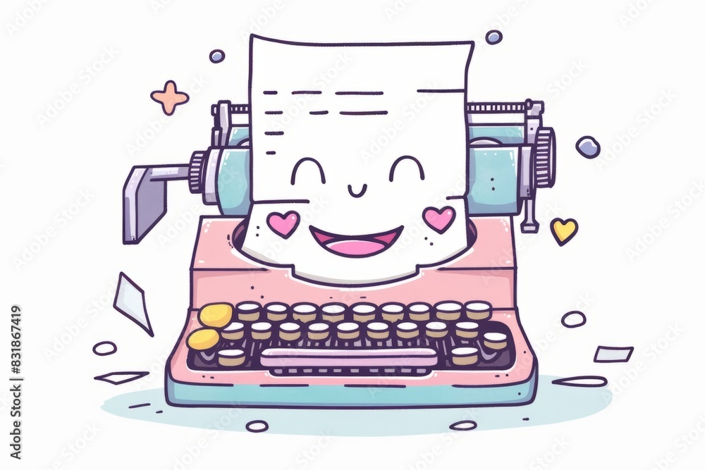 Cartoon cute doodles of a vintage typewriter with smiling keys and a ...