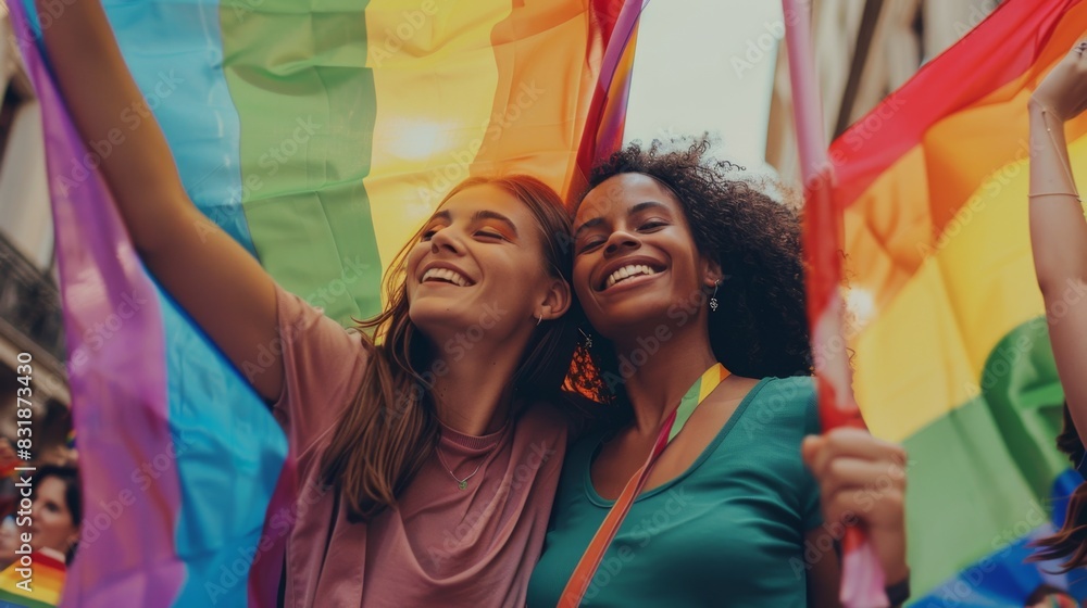 Celebrating LGBTQ Pride Festival - Diverse Friends Holding Rainbow Flag ...