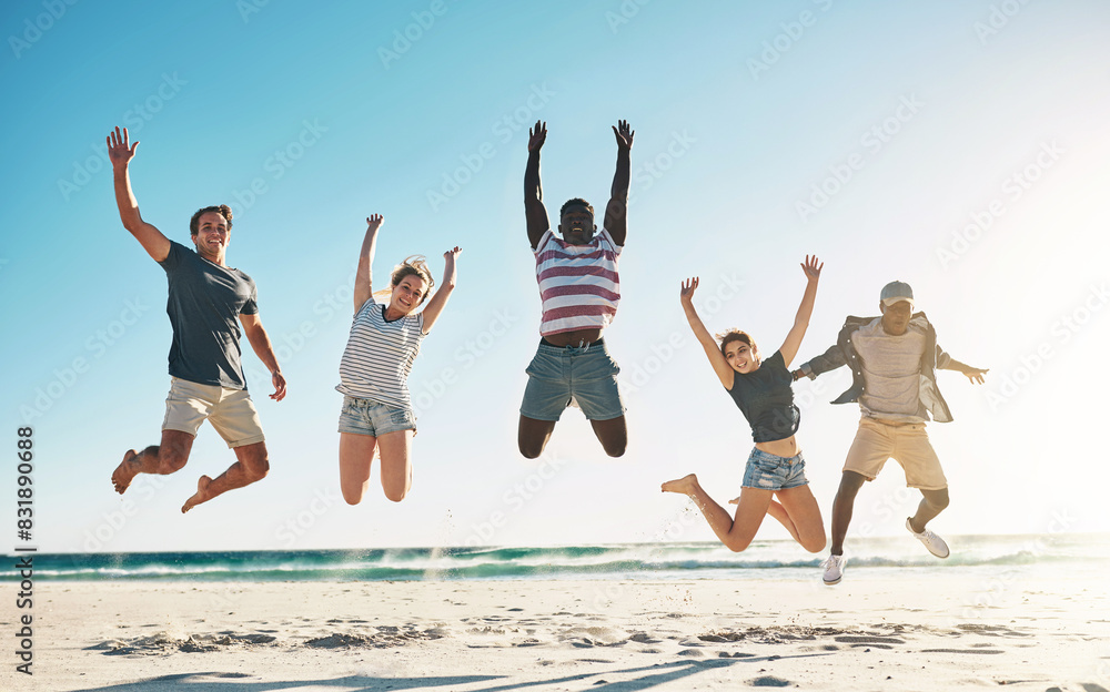Beach, diversity and group of friends jumping in sky for summer holiday ...