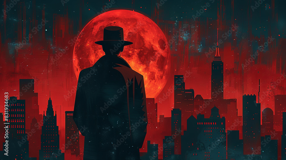 illustration of back view detective man on the city background on the ...