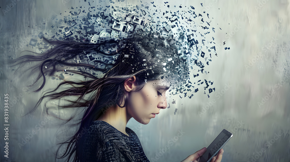 powerful visual metaphor of social media addiction, with a young woman ...