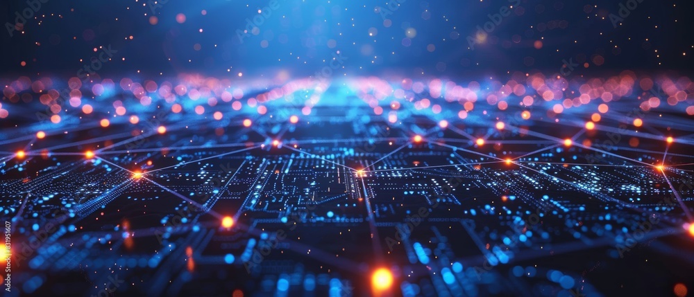 Abstract visualization of a digital network grid with glowing points ...