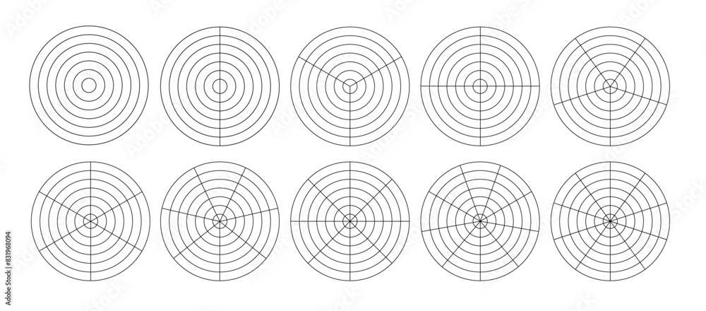 Polar grid concentric circles and steps. Blank vector polar graph paper ...