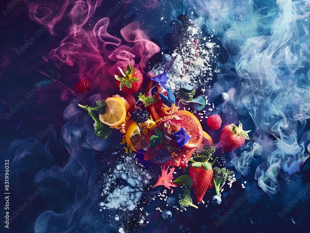 Craft an aerial view of a virtual culinary exploration with vibrant ...