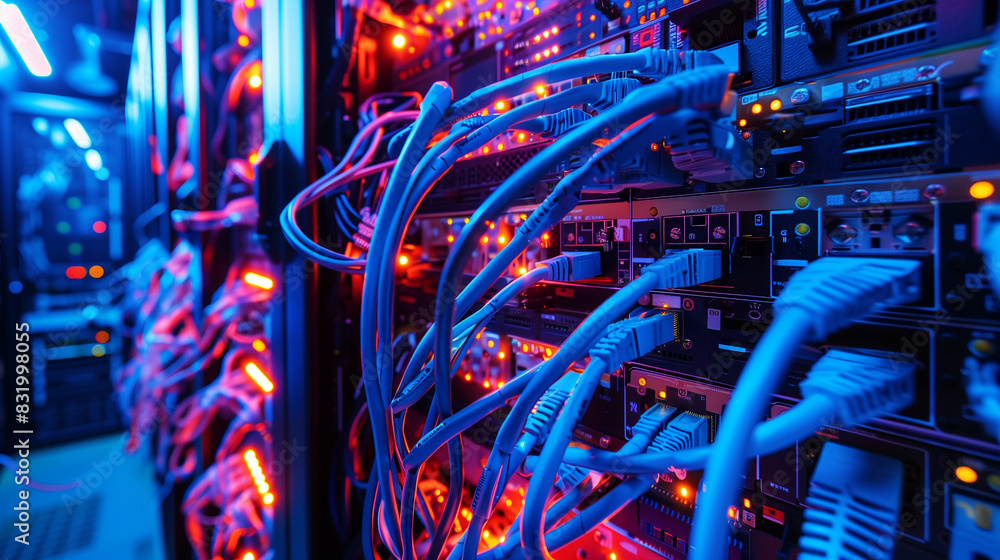 A computer network with many wires and cables. The wires are red and ...