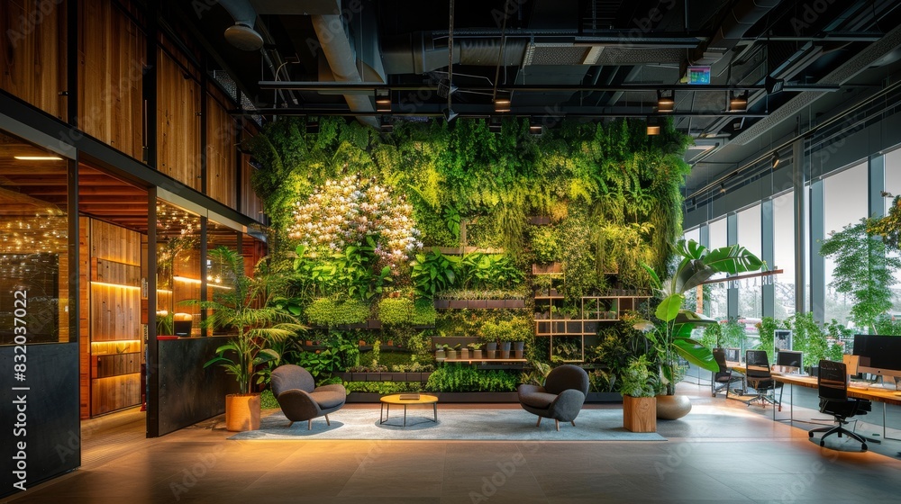 Eco-friendly office design featuring biophilic elements, like indoor ...