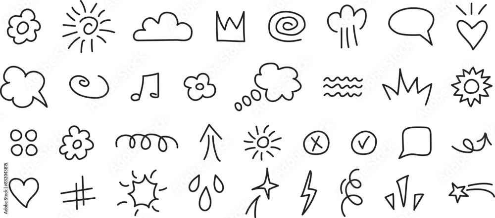 Cartoon line element, cute scribble, doodle arrow, sketch cloud icon ...