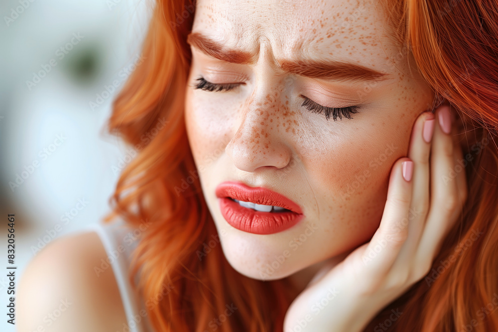 Woman with earache suffering from otitis at home, ear pain, toothache ...