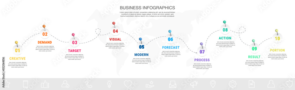 Business infographic timeline with 10 paths and circles. Modern ...